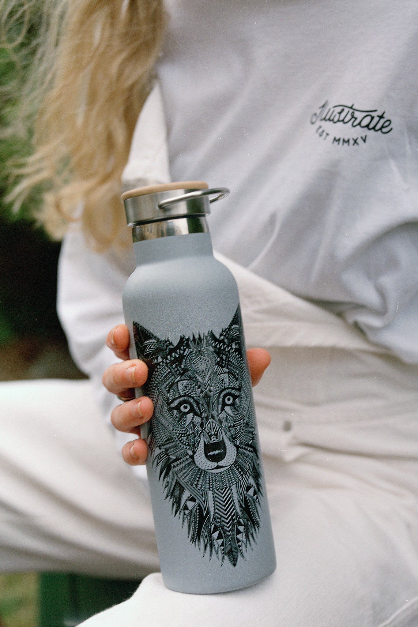 Illustrated Reusable Water Bottle - 'Grey Wolf'